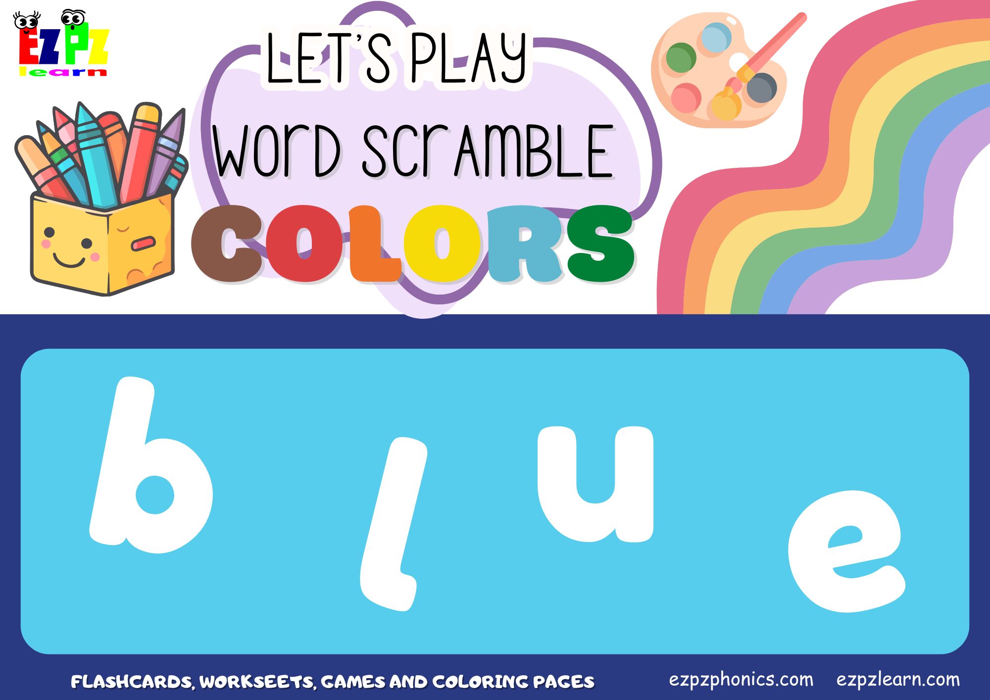Colors Word Scramble Guessing Game. Great for kids and English language learners. - Ezpzlearn.com